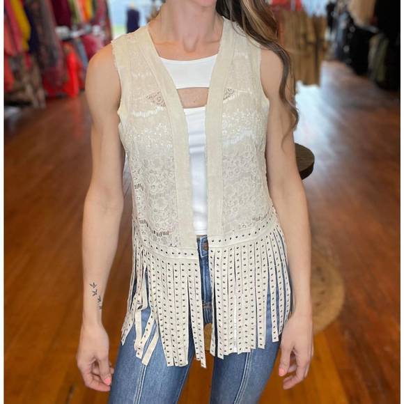 VOCAL APPAREL | Jackets & Coats | New Vocal Apparel Lace Fringe Knit Vest In Beige | Poshmark